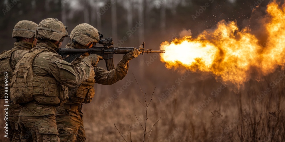 Soldiers engage in combat training with rifles. The image captures the ...