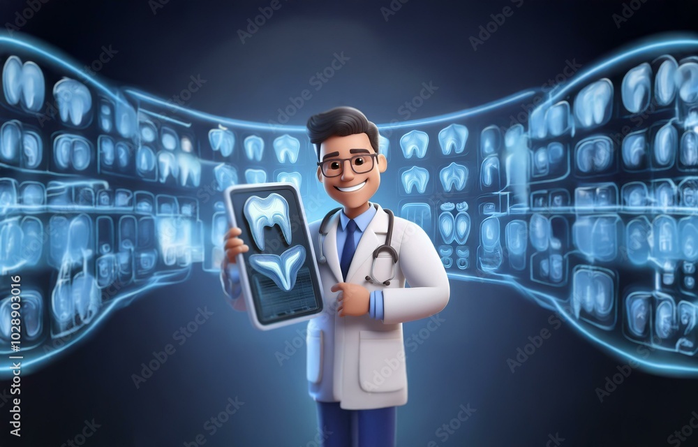 A 3D cartoon dentist holding a tablet with a digital x-ray of a tooth ...