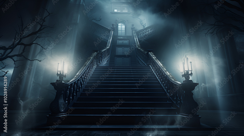 Haunted staircase in an old, abandoned mansion with eerie mist and webs ...