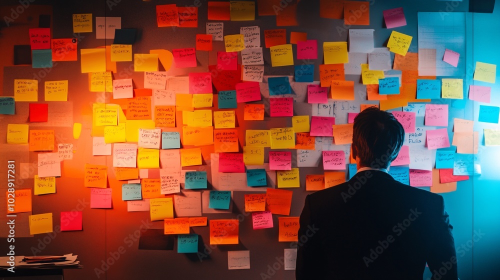 A vibrant brainstorming session captured with sticky notes on a board ...