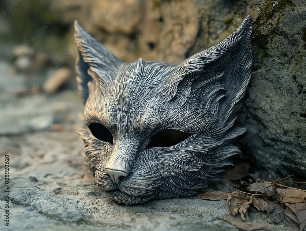 Realistic Cat Head Mask with Detailed Fur Texture Resting on Stone ...