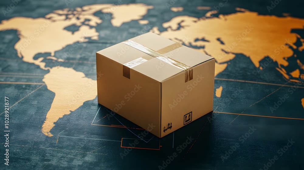 A cardboard box sitting on a world map with highlighted trade routes ...