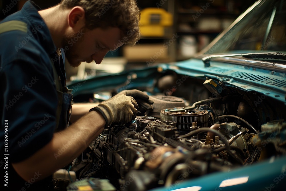Inside the engine of a broken car being repaired by a professional ...