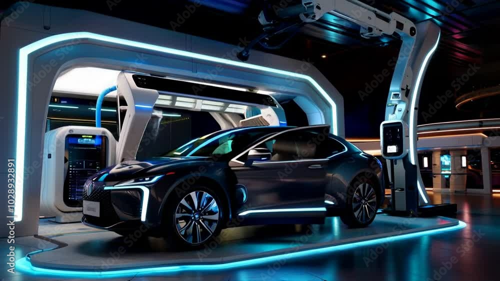 Autonomous car pulling into a smart charging station, where robotic ...
