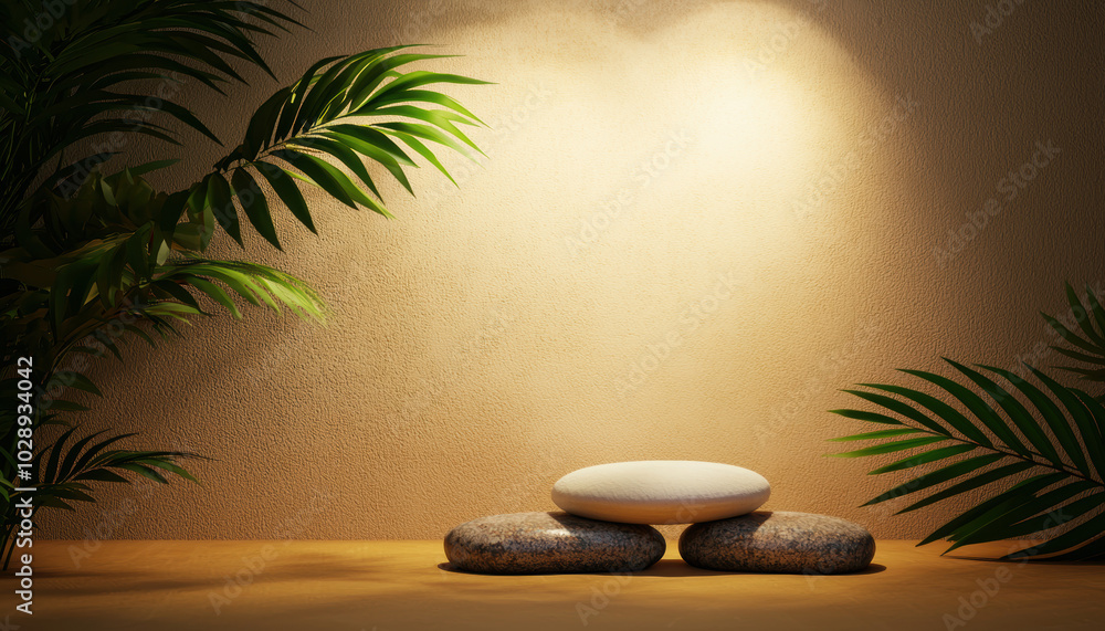 Relaxing spa scene with smooth stones and lush green plants on a warm ...