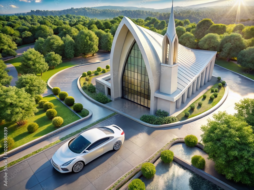 Futuristic white concept car reimagined as a sleek modern church ...