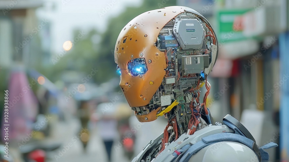 Robot made entirely from discarded e-waste parts, urban scrapyard ...