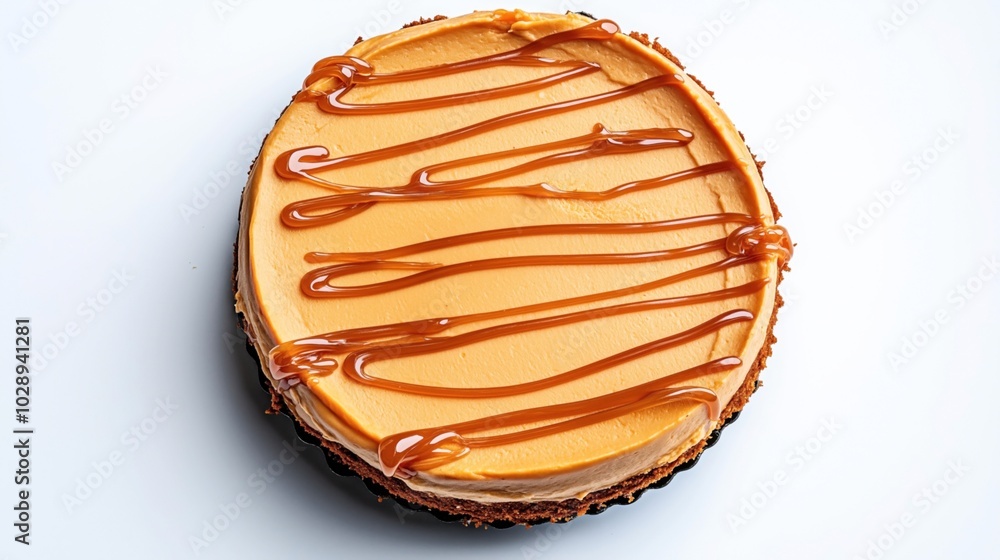 Round caramel cheesecake with smooth texture and caramel drizzle on top ...