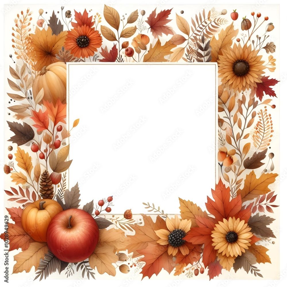 Autumn-themed square border watercolor painting with a white background ...