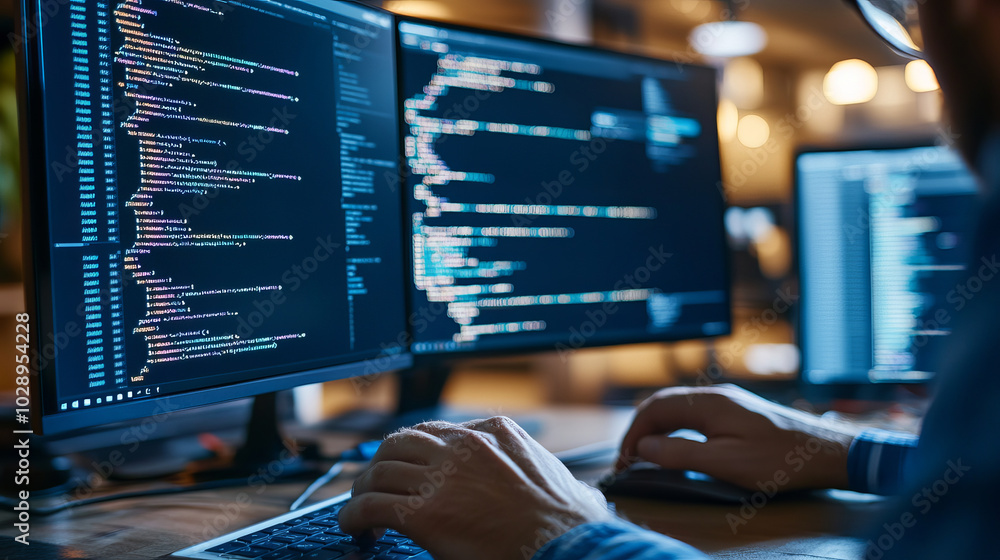 Coding on dual monitors, programmer is immersed in software development, showcasing lines of ...