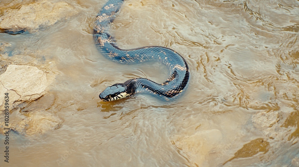 A cobra snake moves through a flooded desert, its sleek body gliding ...