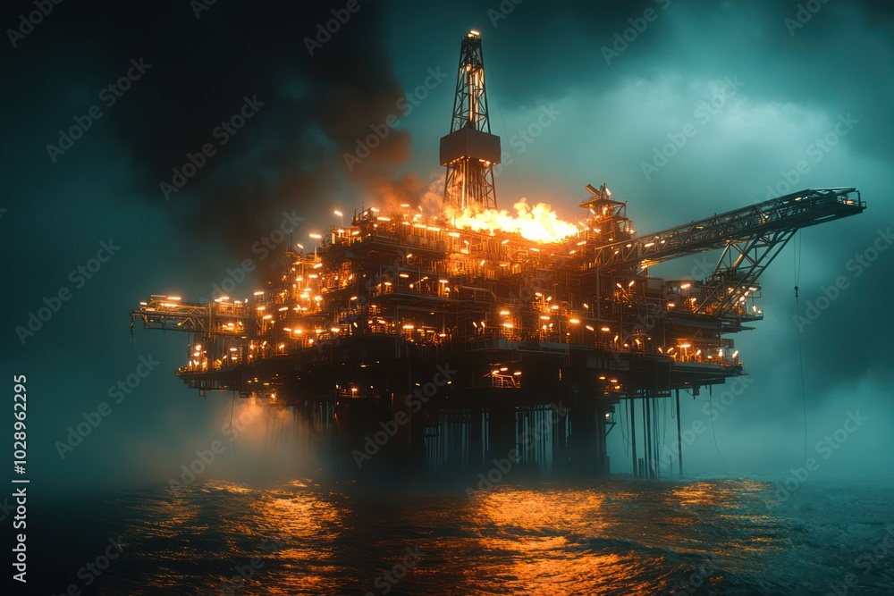 Dramatic Nighttime Scene of Fire on Offshore Oil Rig Stock Photo ...