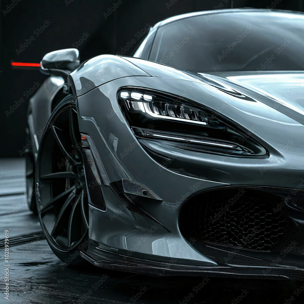 Shiny gray horizontal format sports car in showroom front view to ...