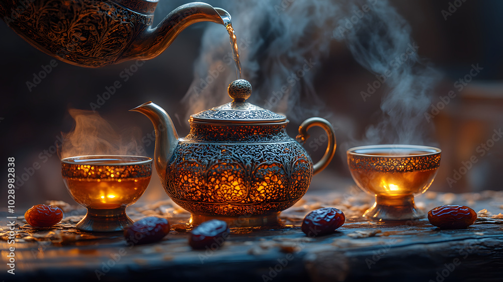 A Photograph of an Arabic-Style Teapot Pouring Coffee into a ...