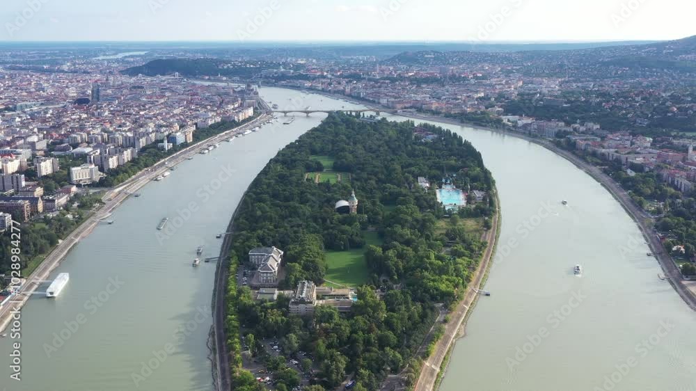 Top view of Margit Island, one of the most touristic spots in Budapest ...