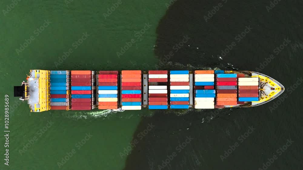 4K Aerial view from a container drone. Container ships in export-import ...