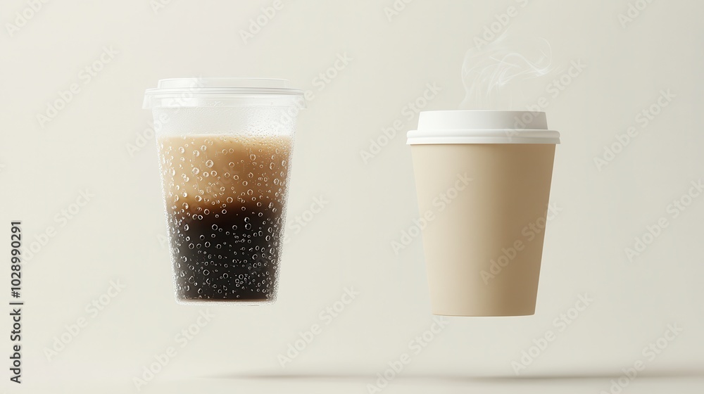 two floating coffee cups on light, neutral background, transparent ...