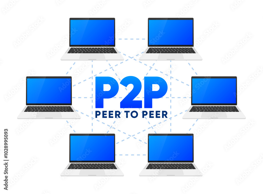 Peer to peer system. Global online p2p. System computer linked network ...
