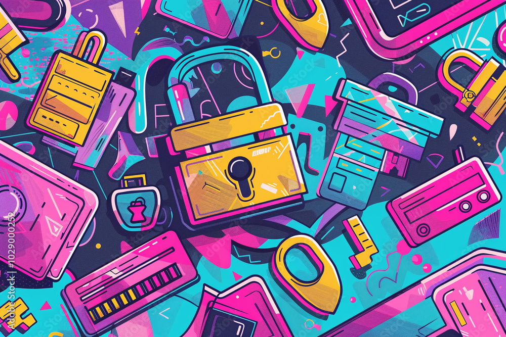 Authentication tokens and passwords, illustrated in a pop art style ...
