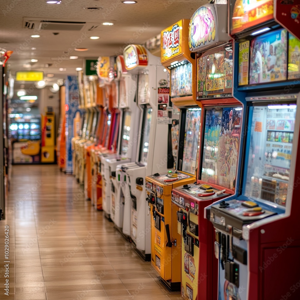 Various kinds of crane crabber arcade machines light and lined up in an ...