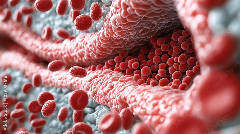 Microscopic close-up view of red blood cells flowing through a detailed ...