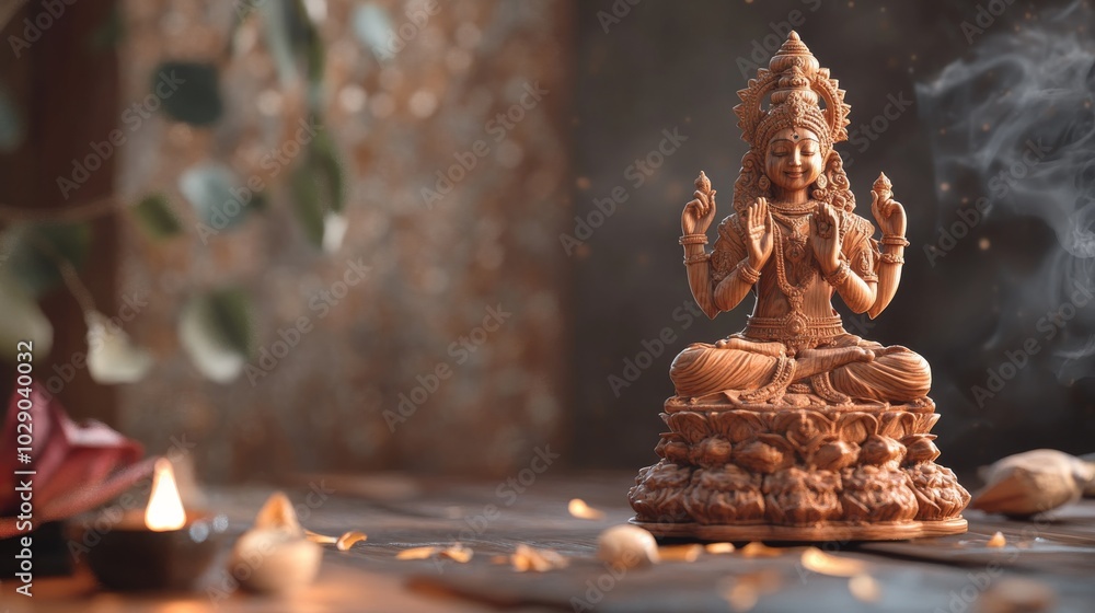 An empty scene featuring a carved sandalwood sculpture of the deity Chamundeshwari, a symbol of ...