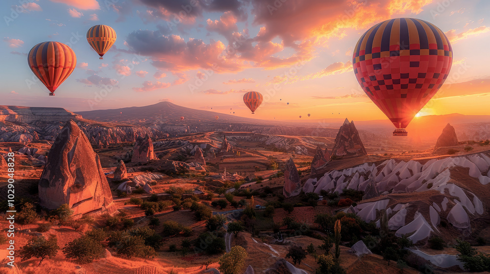Hot air balloons over Cappadocia landscape at sunset. A cluster of hot ...