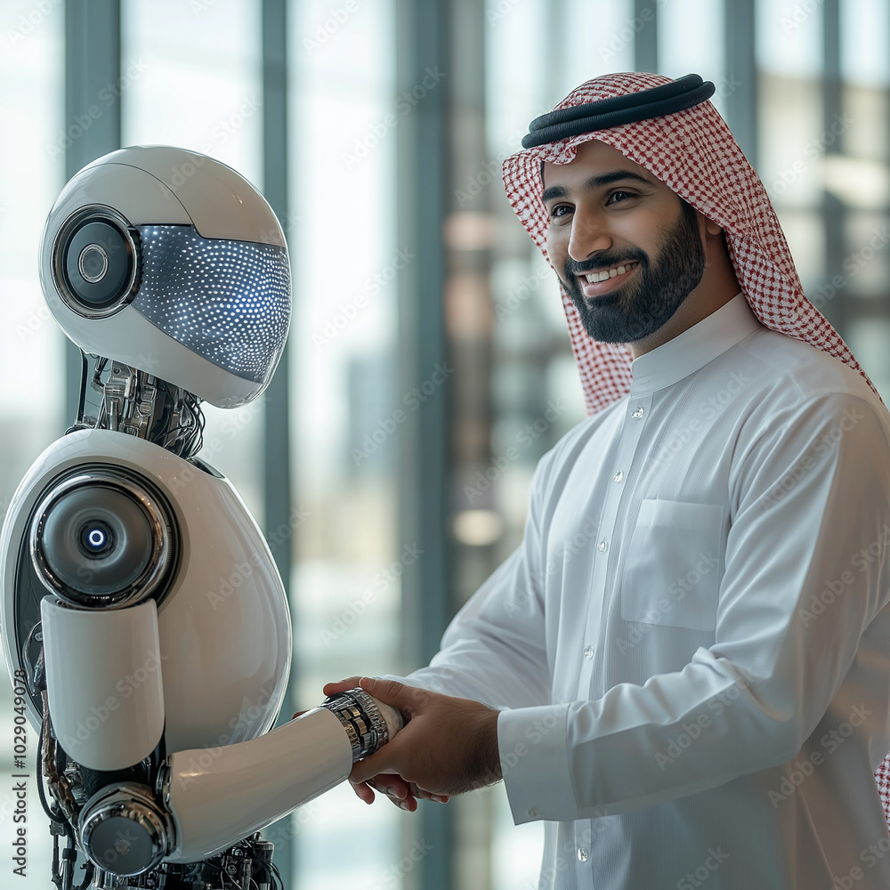 Saudi Arabian Gulf man meeting an advanced smart robot, Saudi future ...