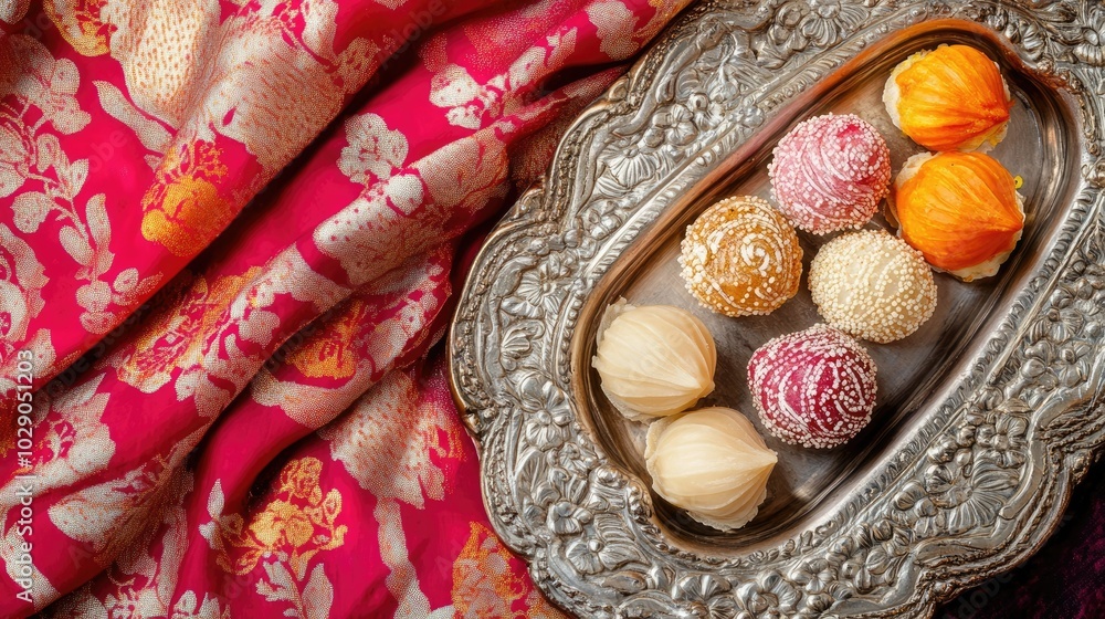 Assorted Indian sweets, including modak and laddu, on a silver tray ...