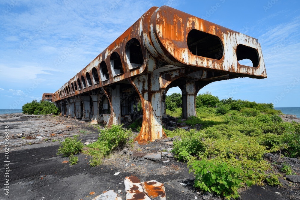 A futuristic abandoned city with rusted metal structures, where sleek ...