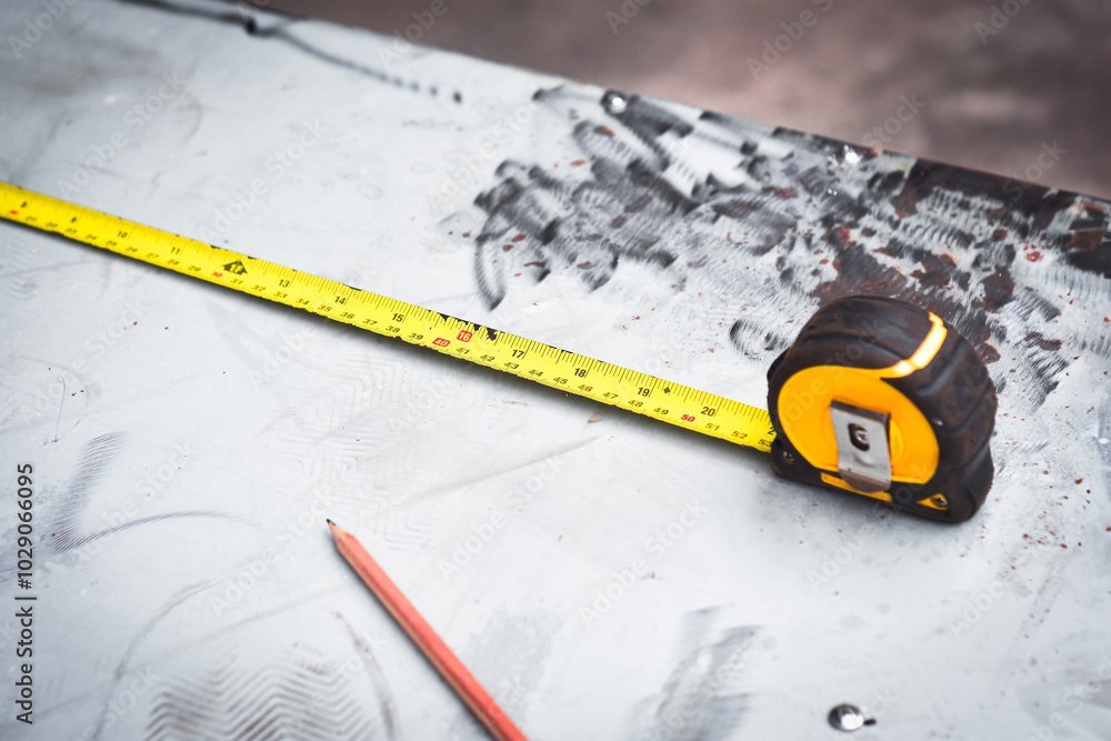 Foto de Yellow measuring tape or tape measure on a metal desk for ...