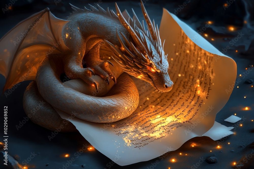 A mythical dragon coiled around a scroll of poetry, its scales ...