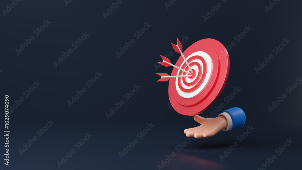 3D business hand holding arrow hitting center of dartboard target ...