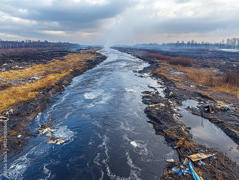 Dramatic Aerial View of a Polluted Urban River with Cityscape Horizon ...