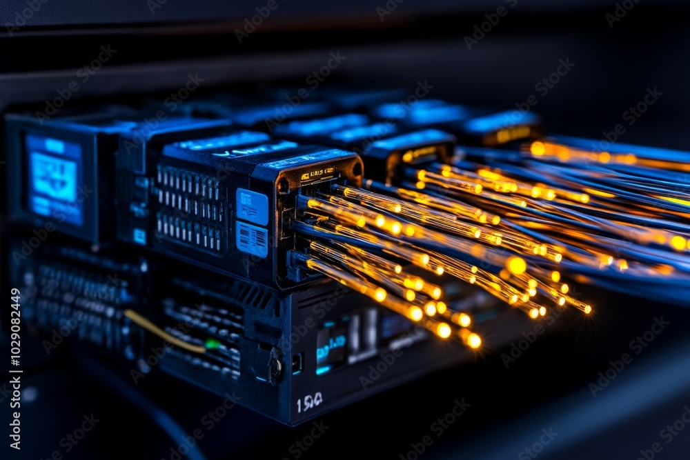Hyper-realistic close-up of fiber optic cables, with the glowing light ...