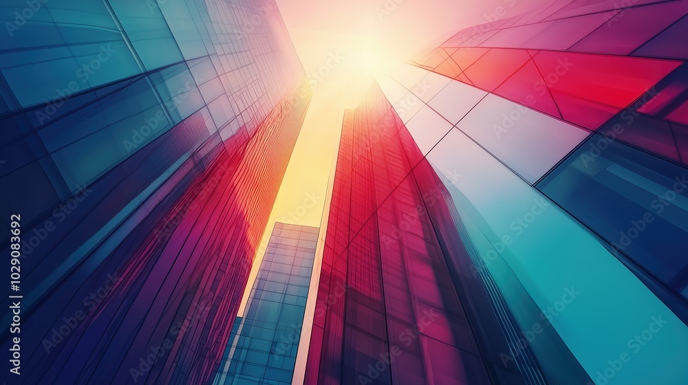 Modern high-rise glass building with a colorful gradient sky in the ...