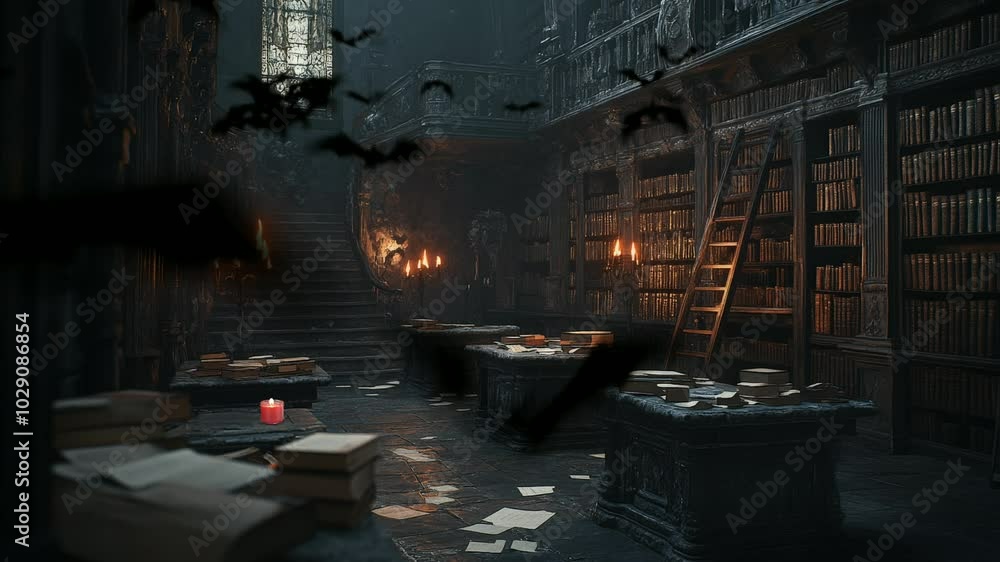 A dark and mysterious library with a staircase lit by candles ...