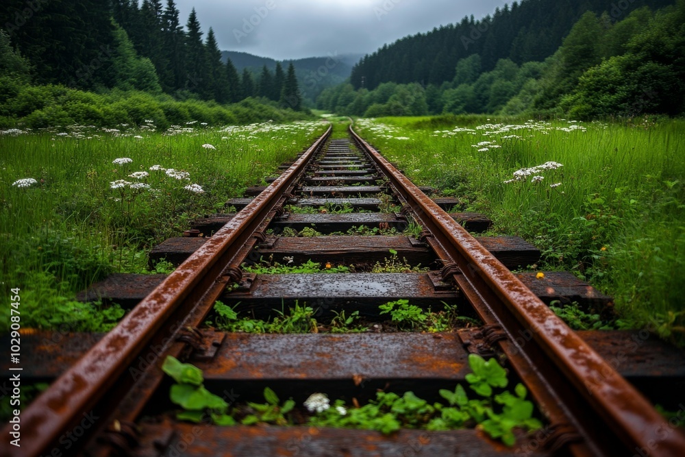 Rusted railroad tracks running through an overgrown field, with the ...