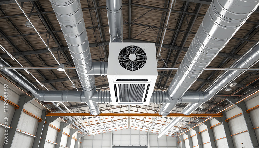 Industrial ventilation system. Pipes for room conditioning. Ventilation under ceiling of ...