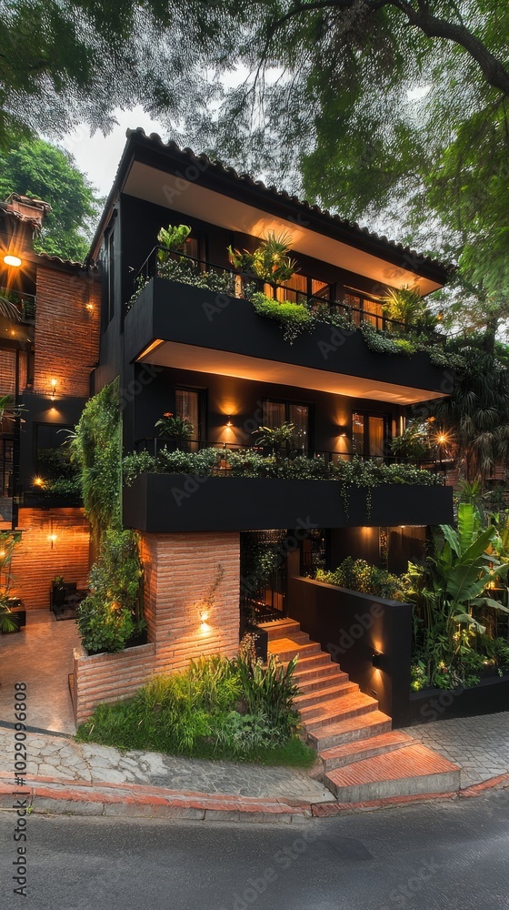 La fachada de un hotel de lujo brilla con iluminación arquitectónica ...