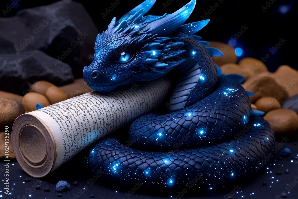 A mythical dragon coiled around a scroll of poetry, its scales ...