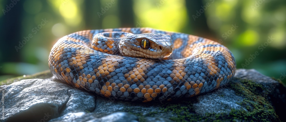 Coiled Low Poly Snake on a Rock, a stylized digital representation ...