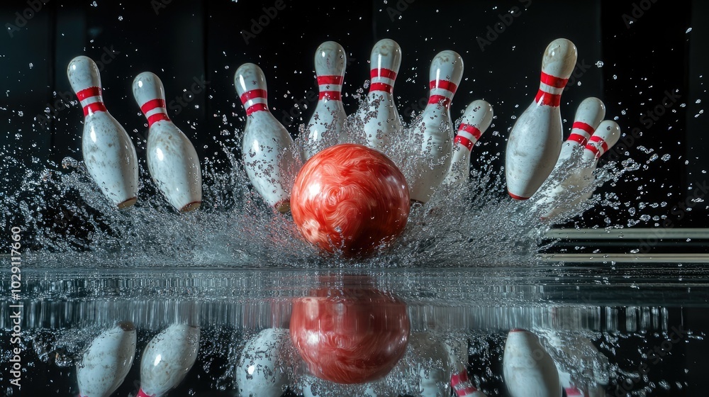 A bright bowling ball striking pins, captured in the dramatic moment of ...