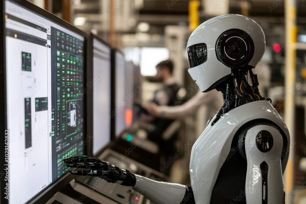 AI Robot Monitoring Data on Screens in an Industrial Control Room, AI robot analyzing data on ...