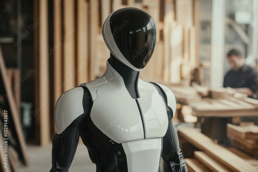 AI-Powered Humanoid Robot in a Modern Woodworking Workshop, A ...