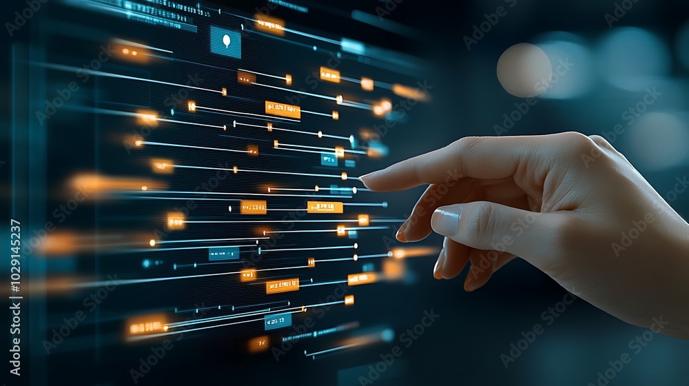 A hand dragging a task bar on a Gantt chart virtual diagram, updating ...