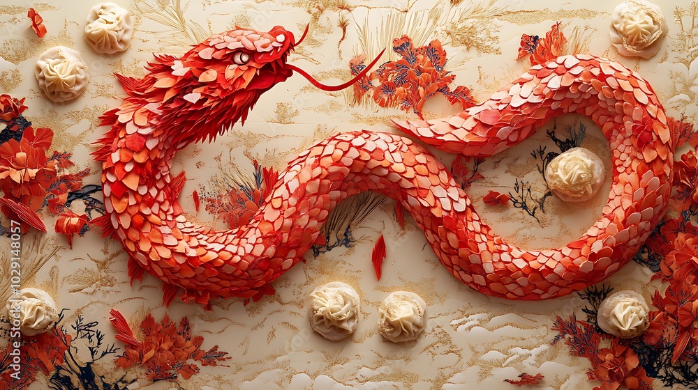 A bold red paper-cut snake coiling through "2025" made from patterns of ...