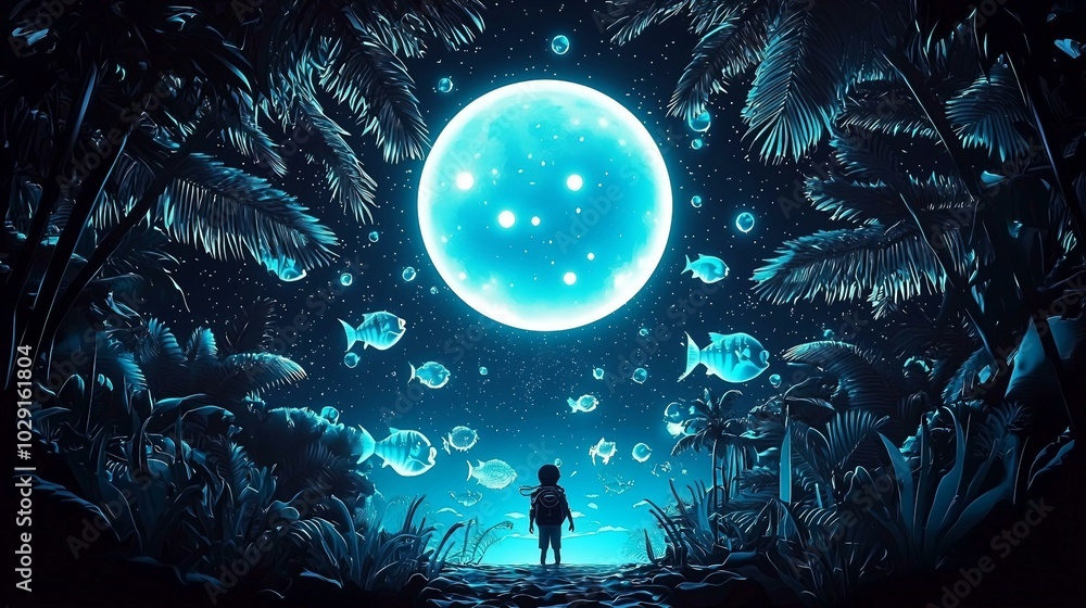 Child's Enchanted Journey Under a Glowing Moon in a Dreamlike Landscape ...