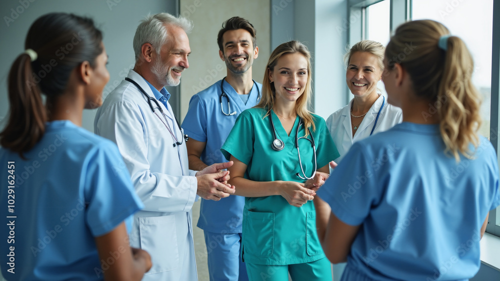 Medical team huddle with senior doctor: Healthcare leadership and collaboration for hospital ...
