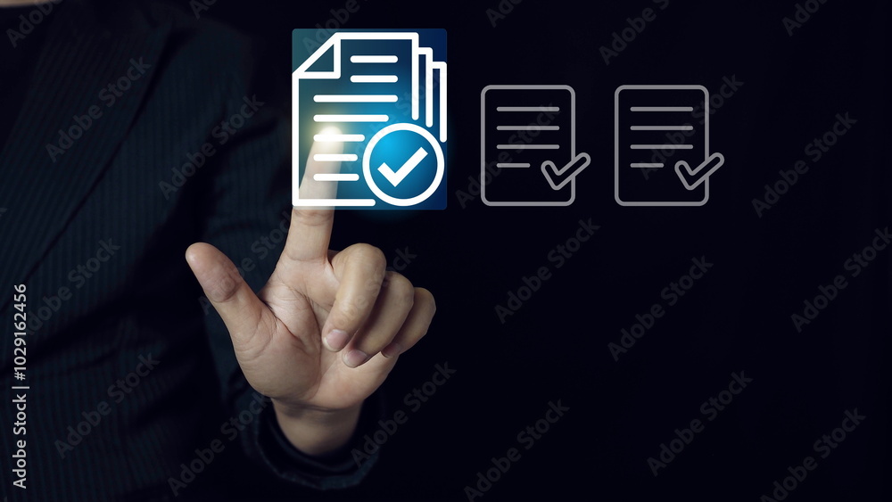 Check list concept. Businessman tick off questionnaire, survey, test ...